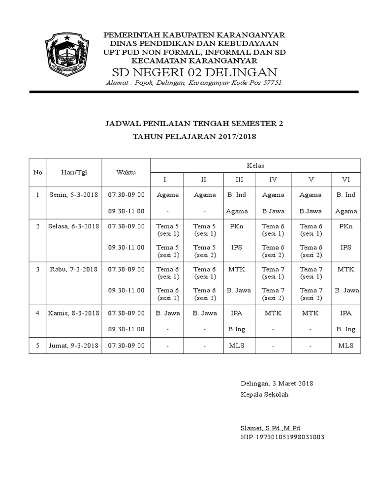 Jadwal Penilaian Semester 2 2017/2018 | PDF