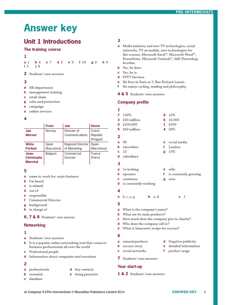 In Company 3.0 Pre-Intermediate Student's Book Answer Key | PDF | Hotel | Internet