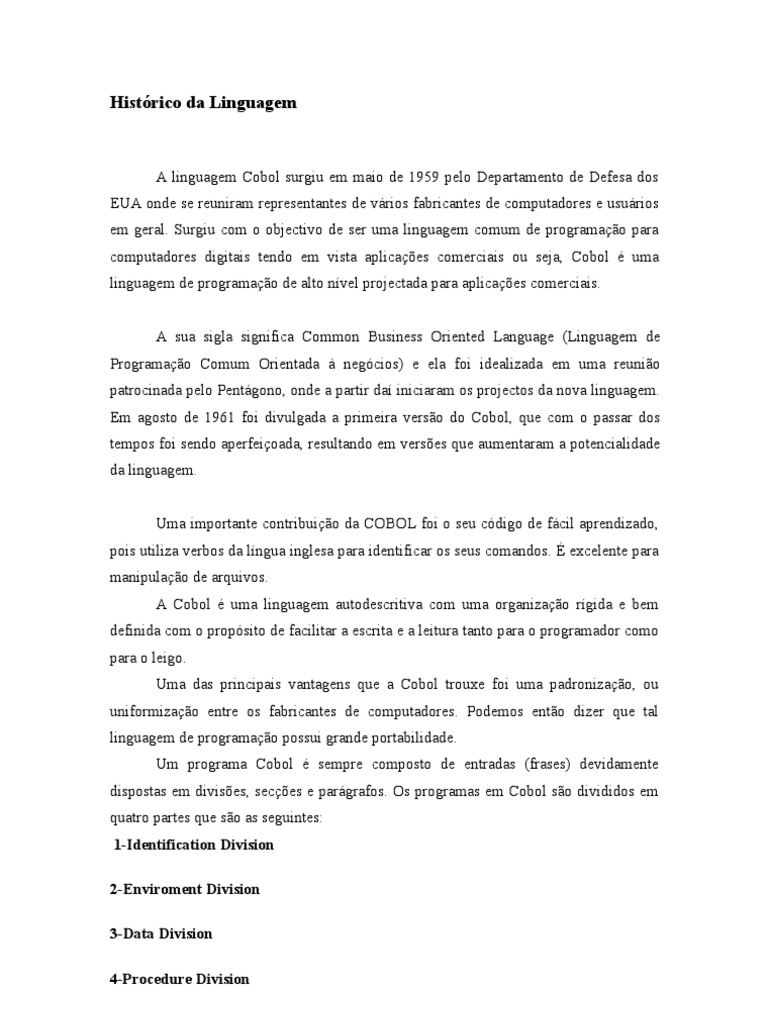 História e Estrutura da Linguagem COBOL | PDF | Linguagem de ...