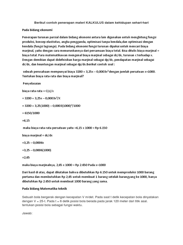 Berikut Contoh Penerapan Materi KALKULUS Dalam Kehidupan Sehari | PDF