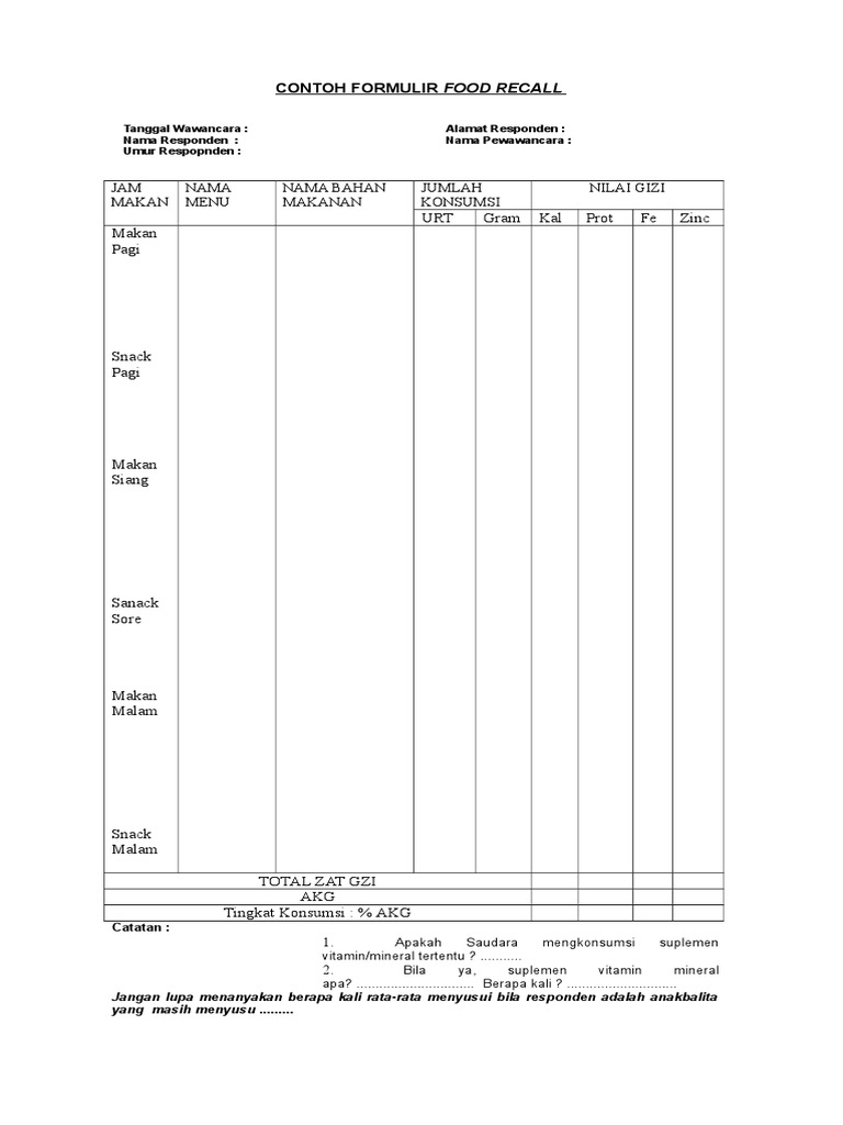 Form Food Recall Makan | PDF