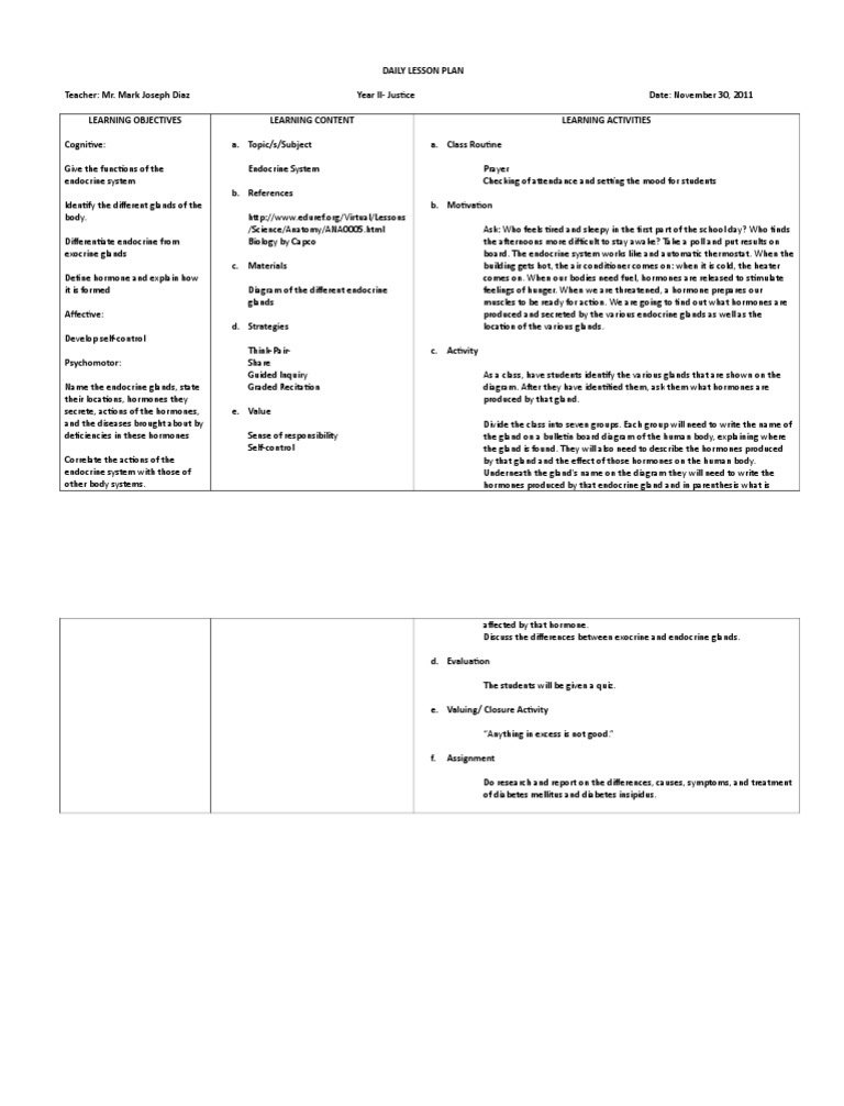 Endocrine System-Lesson Plan | PDF | Endocrine System | Hormone