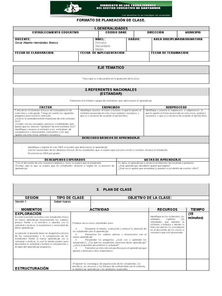 4.formato de Planeacion de Clase PDF | PDF | Evaluación | Aprendizaje