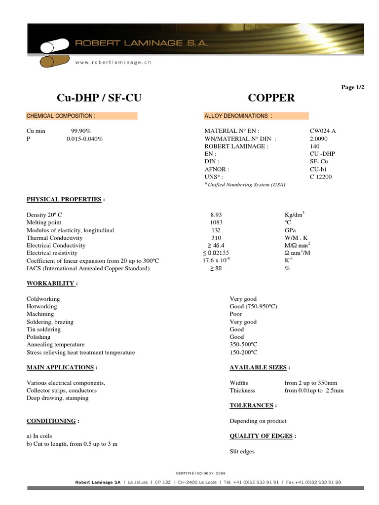 Copper Cu-Dhp / Sf-Cu: Page 1/2 | PDF | Copper | Electrical Resistivity ...
