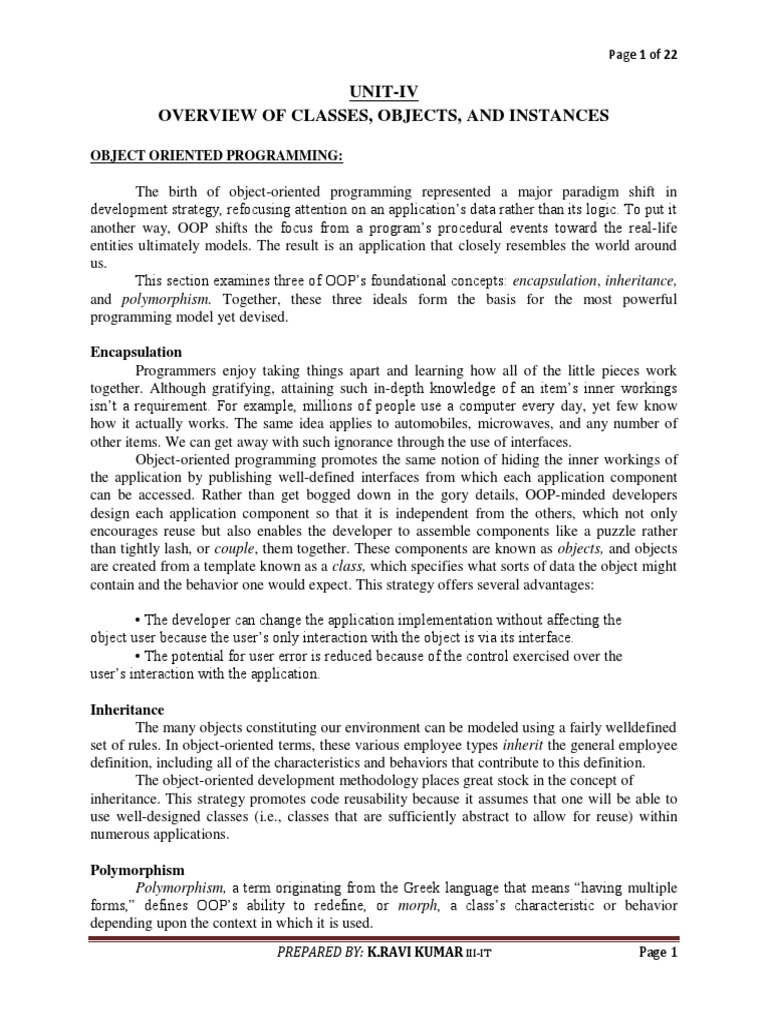 Unit Iv Overview Of Classes Objects And Instances Encapsulation Pdf Class Computer