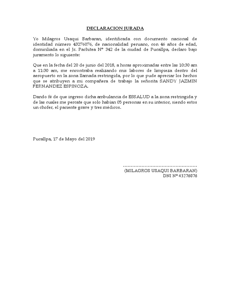 DECLARACION JURADA - Testigo | PDF DECLARACION JURADA - Testigo | PDF