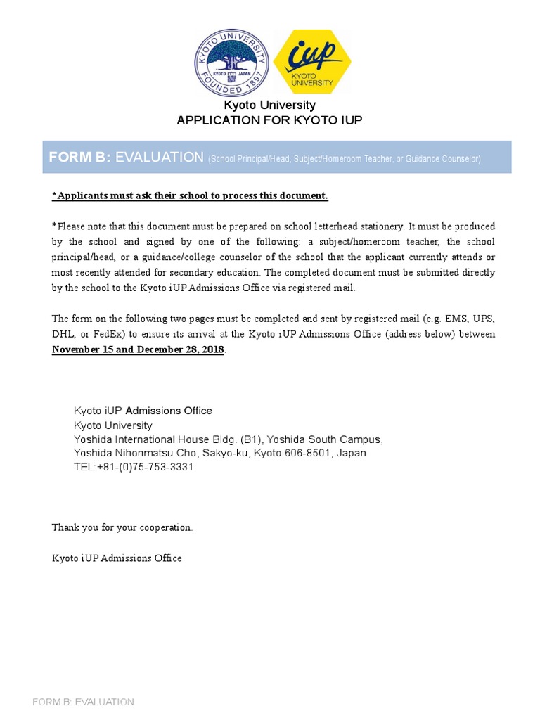 Form B: Evaluation: Kyoto University Application For Kyoto Iup | PDF | Change | Behavior ...