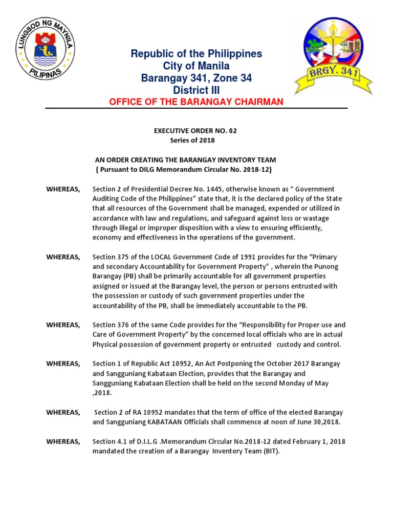 An Order Creating The Barangay Inventory 2018 | PDF | Property | Justice