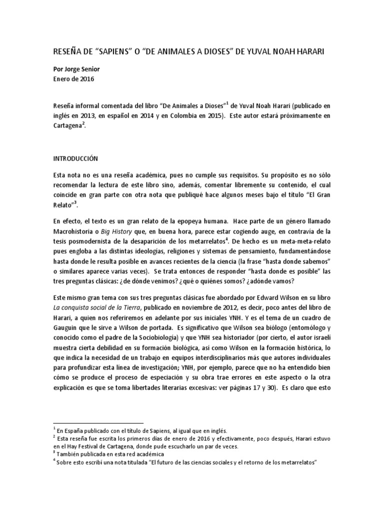 Resena de Sapiens o de Animales A Dioses PDF | PDF | Homo Sapiens | Science Resena de Sapiens o de Animales A Dioses PDF | PDF | Homo Sapiens | Science