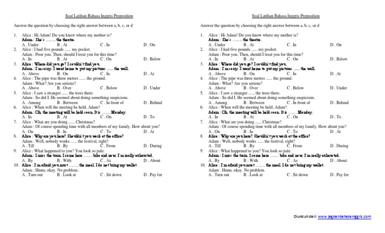 Soal Latihan Bahasa Inggris Preposition | PDF