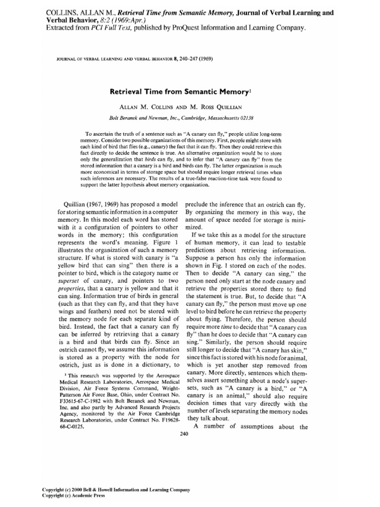 Collins (1969) - Retrieval - Time - From - Semantic - Memory PDF | PDF