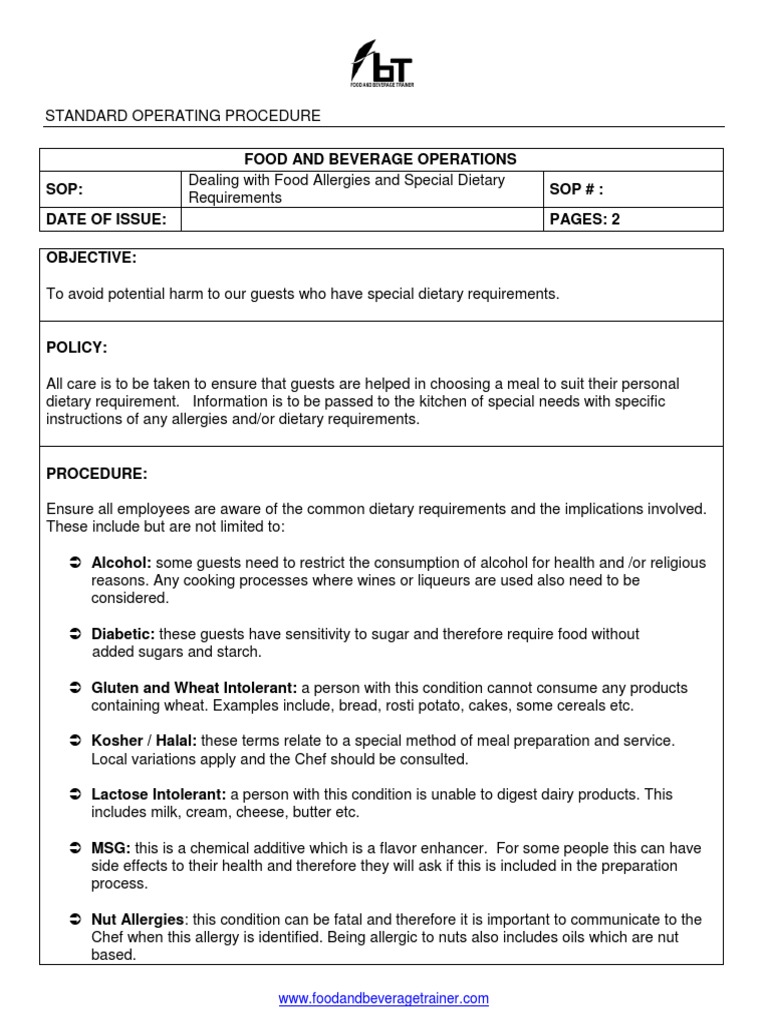SOP Dealing With Food Allergies and Special Dietary Requirements PDF ...