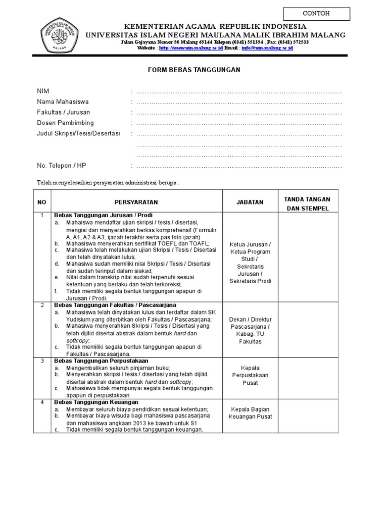 Contoh Form Bebas Tanggungan 2019 | PDF