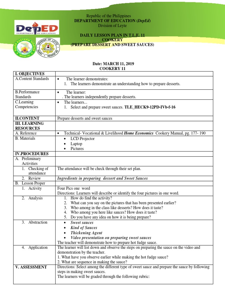 Lesson Plan DEMO TEACING Cookery | PDF | Lesson Plan | Desserts