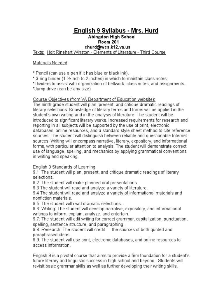 English 9 Syllabus | PDF | Homework | Essays