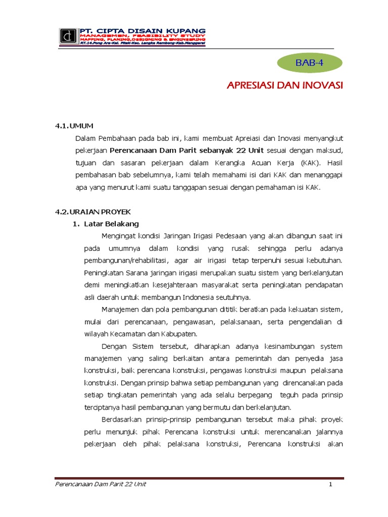 Usulan Teknis Perencanaan Dam Parit | PDF