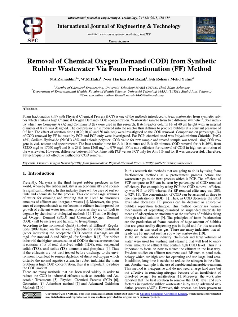 Removal of Chemical Oxygen Demand (COD) From Synthetic Rubber ...