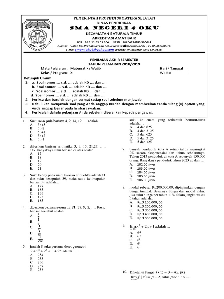Soal Pat Matematika Wajib Kelas Xi | PDF