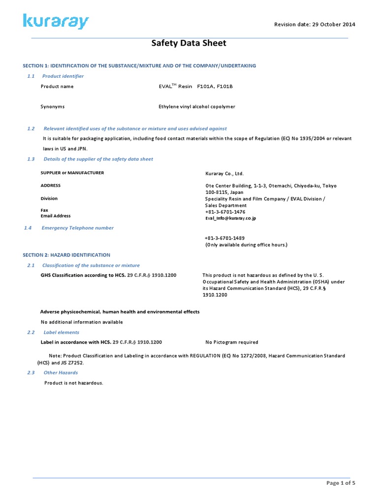 Eval Resin Sds (f101b) | PDF | Toxicity | Chemistry