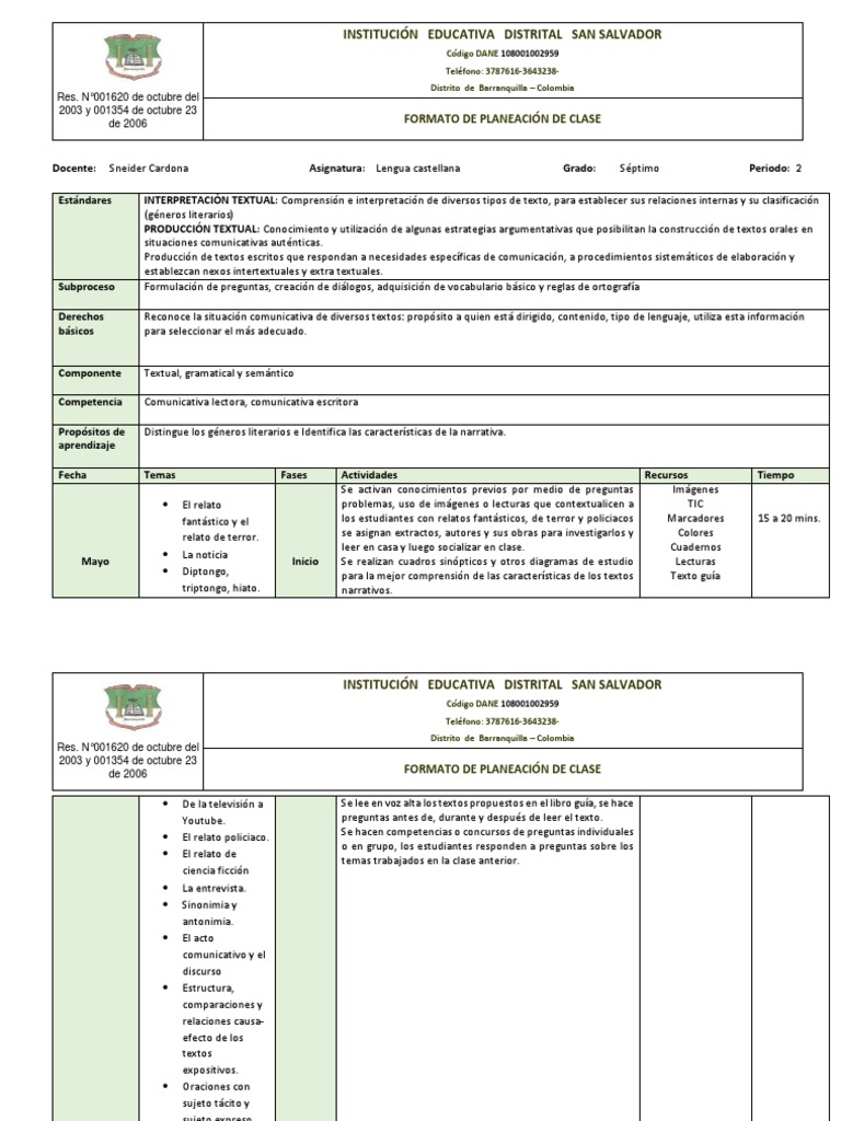 Planeacion de Lengua Castellana 7 Grado Segundo Periodo | PDF | Lengua ...