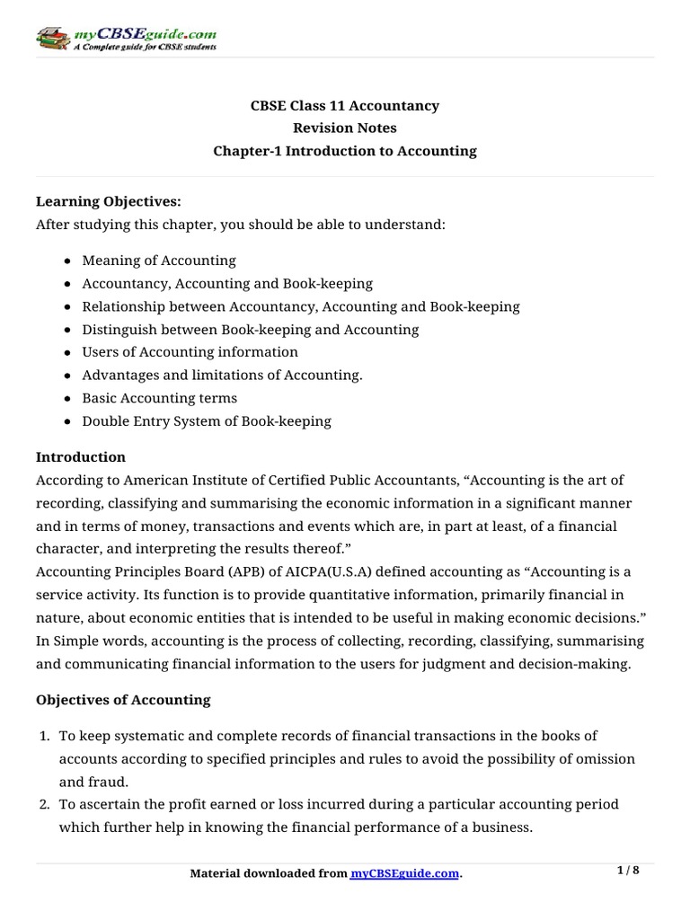 CBSE Class 11 Accountancy Revision Notes Chapter-1 Introduction To ...