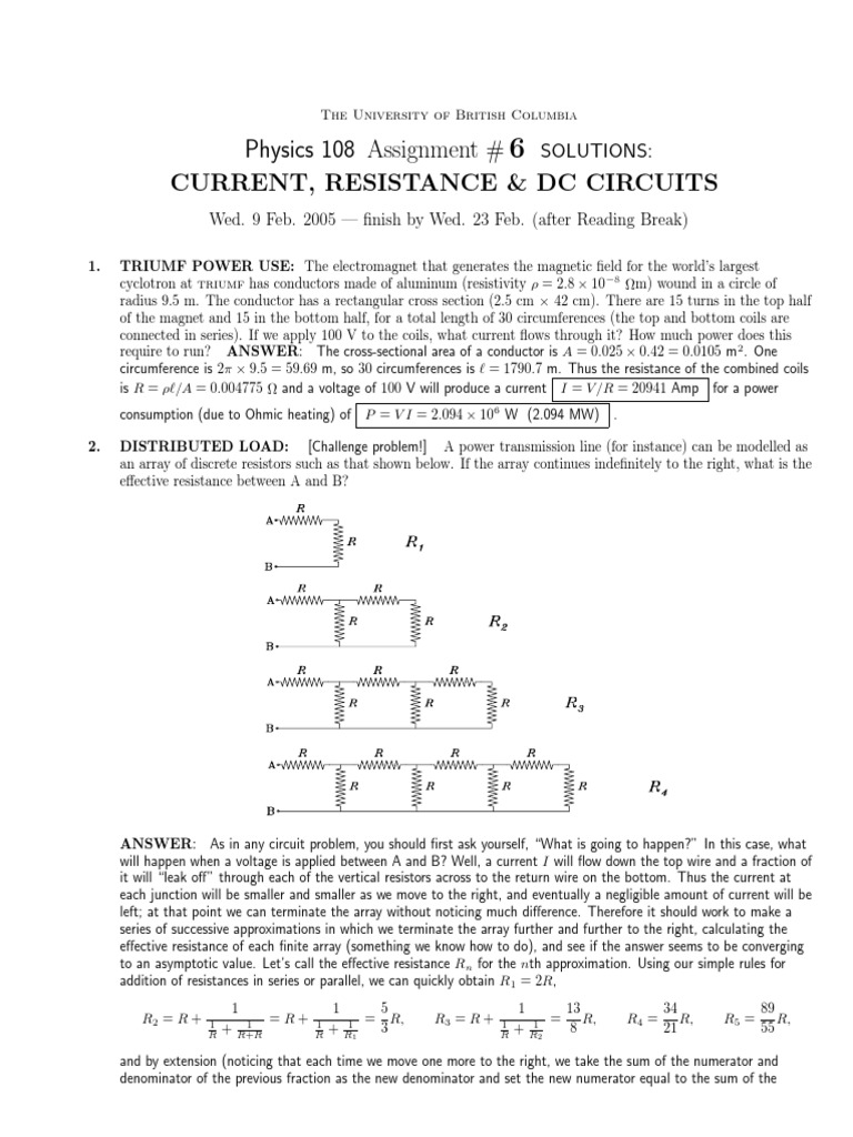 Physics 108 Assignment # Current, Resistance & DC Circuits: Solutions ...
