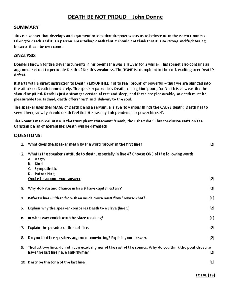 DEATH BE NOT PROUD - John Donne Analysis and Questions | PDF | Poems ...