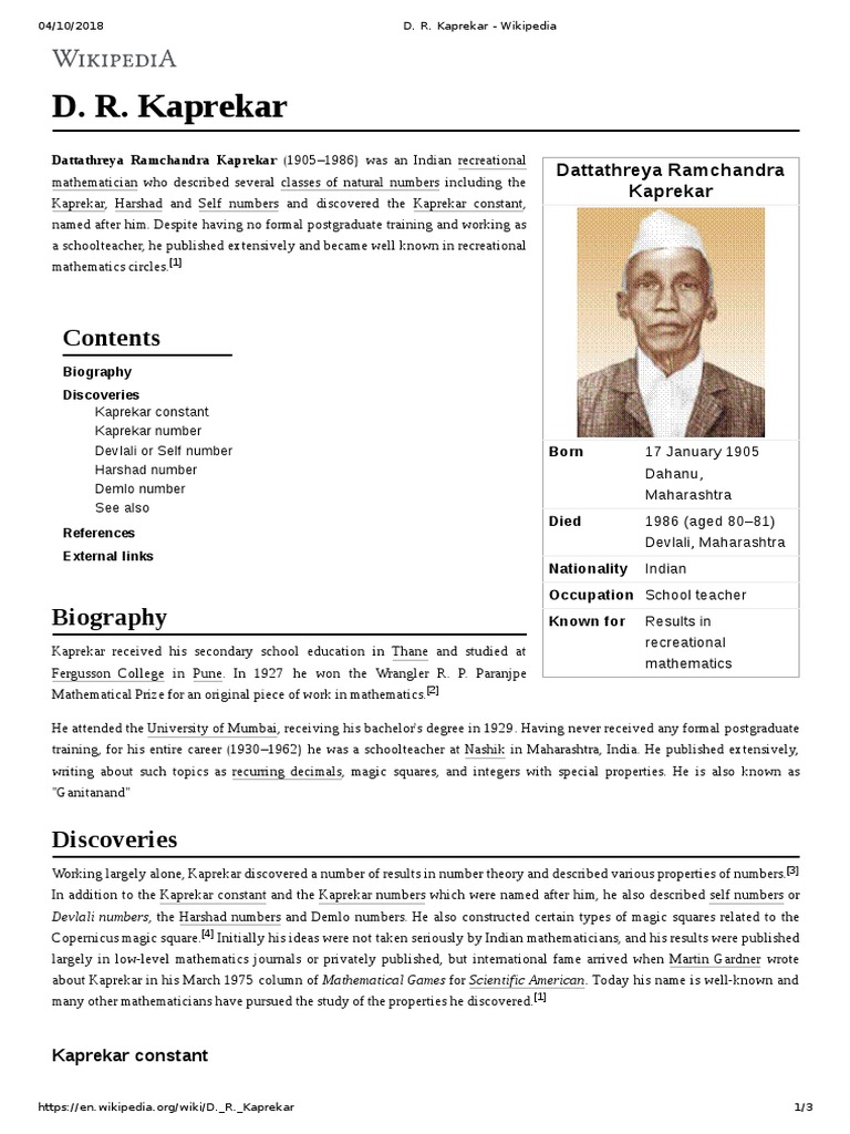 D. R. Kaprekar - Wikipedia | PDF | Numbers | Mathematical Objects
