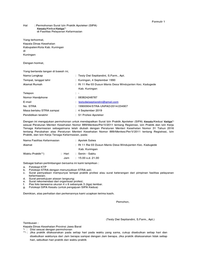 Surat Permohonan Sipa Ke Dinkes Dan DPMPTSP Pelayanan Kefarmasian | PDF