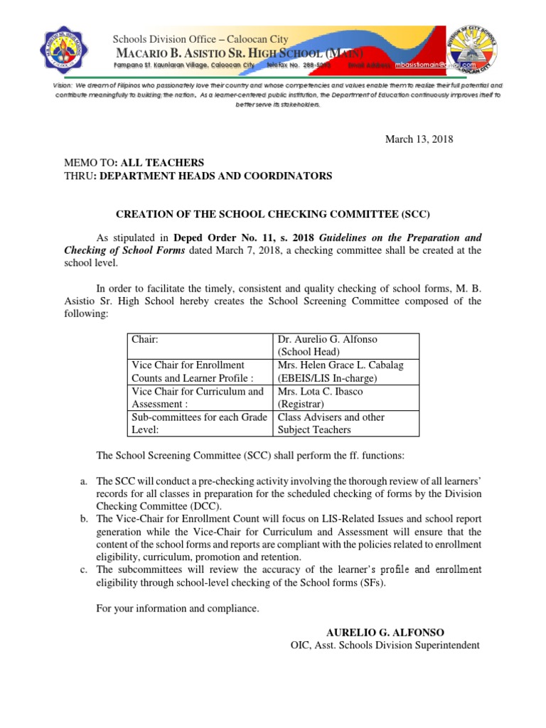 School Checking Committee Memo | PDF | Behavior Modification | Learning