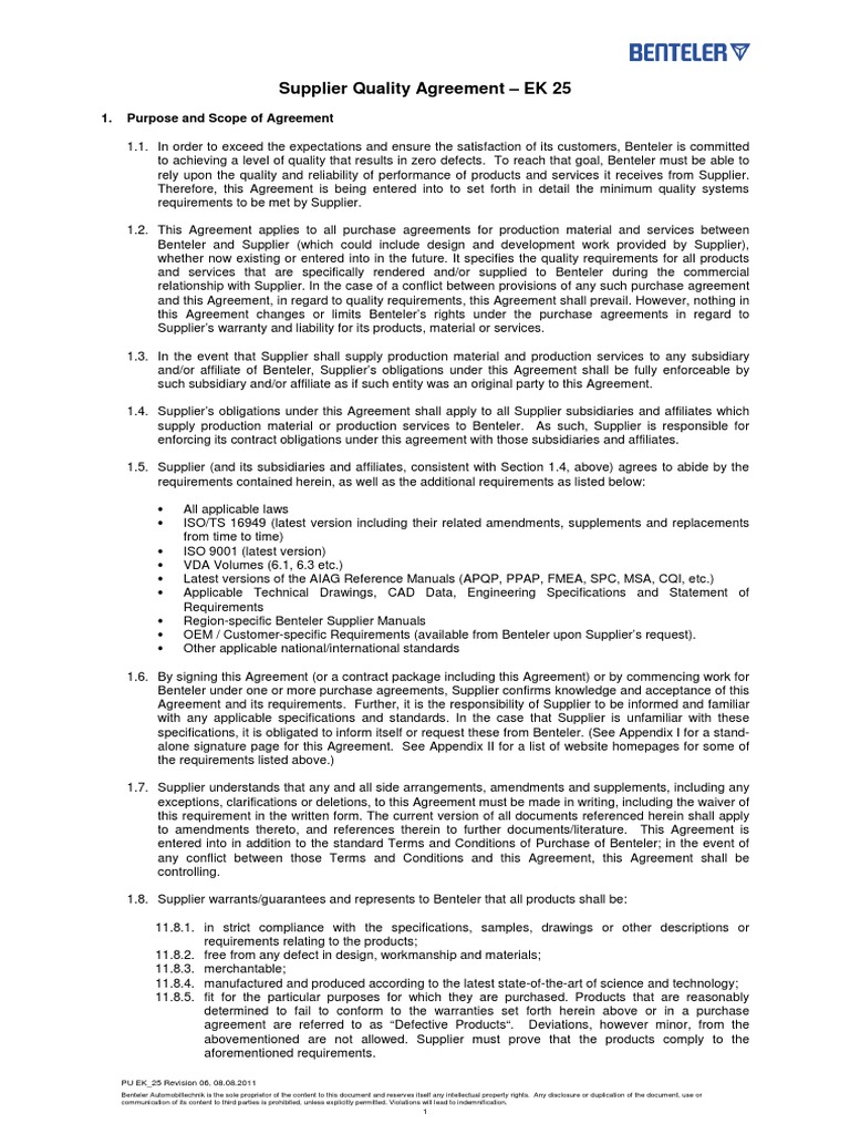 Benteler Supplier Quality Agreement PDF | PDF | Specification ...