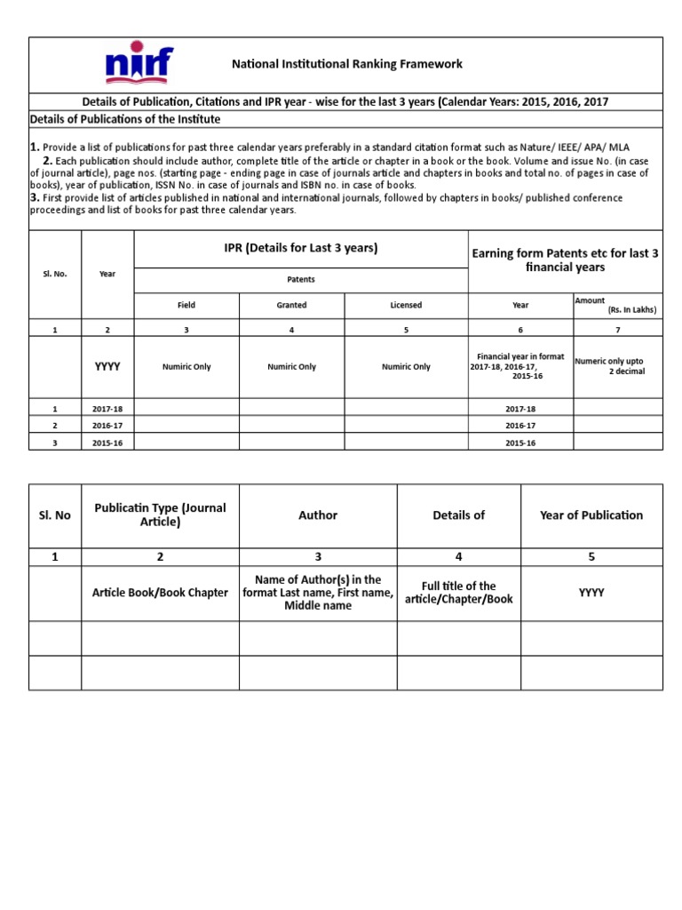 NIRF FORMAT - 2018 Data Requir | Download Free PDF | Books