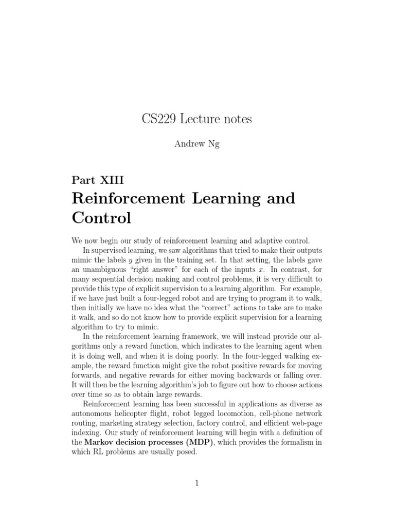 Reinforcement Learning and Control: CS229 Lecture Notes | PDF | Applied ...
