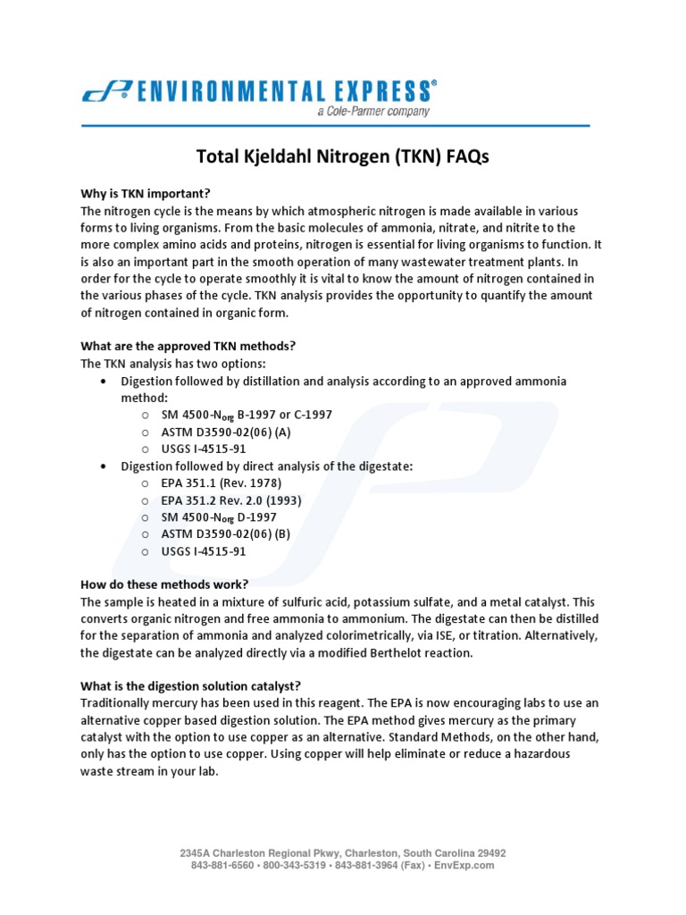 Total Kjeldahl Nitrogen (TKN) analysis guide | PDF | Nitrogen | Ammonia