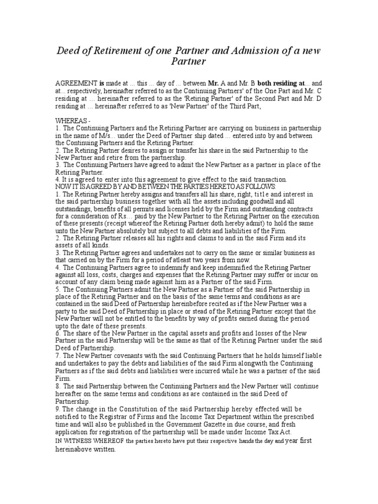 Deed of Retirement of One Partner and Admission of A New Partner-Deeds ...