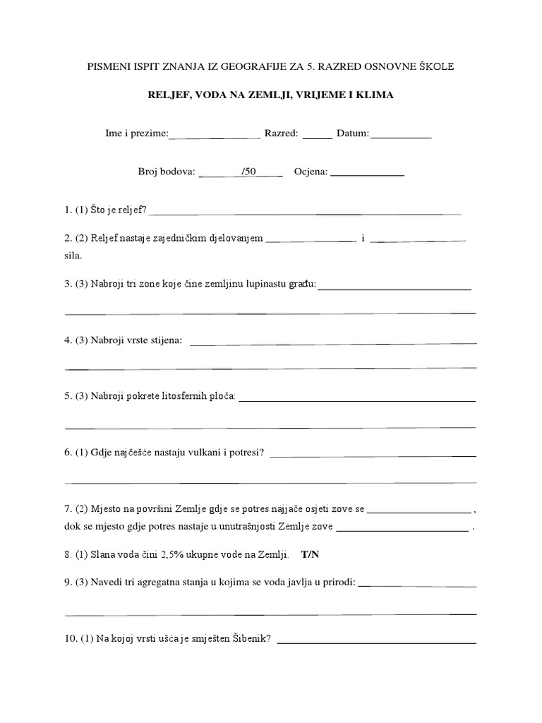 Ispit-5. Razred-Reljef, Voda Na Zemlji, Vrijeme I Klima | PDF