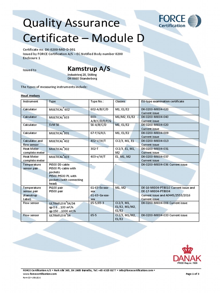 MID Certificate Modul D Kamstrup | Scientific Observation | Engineering