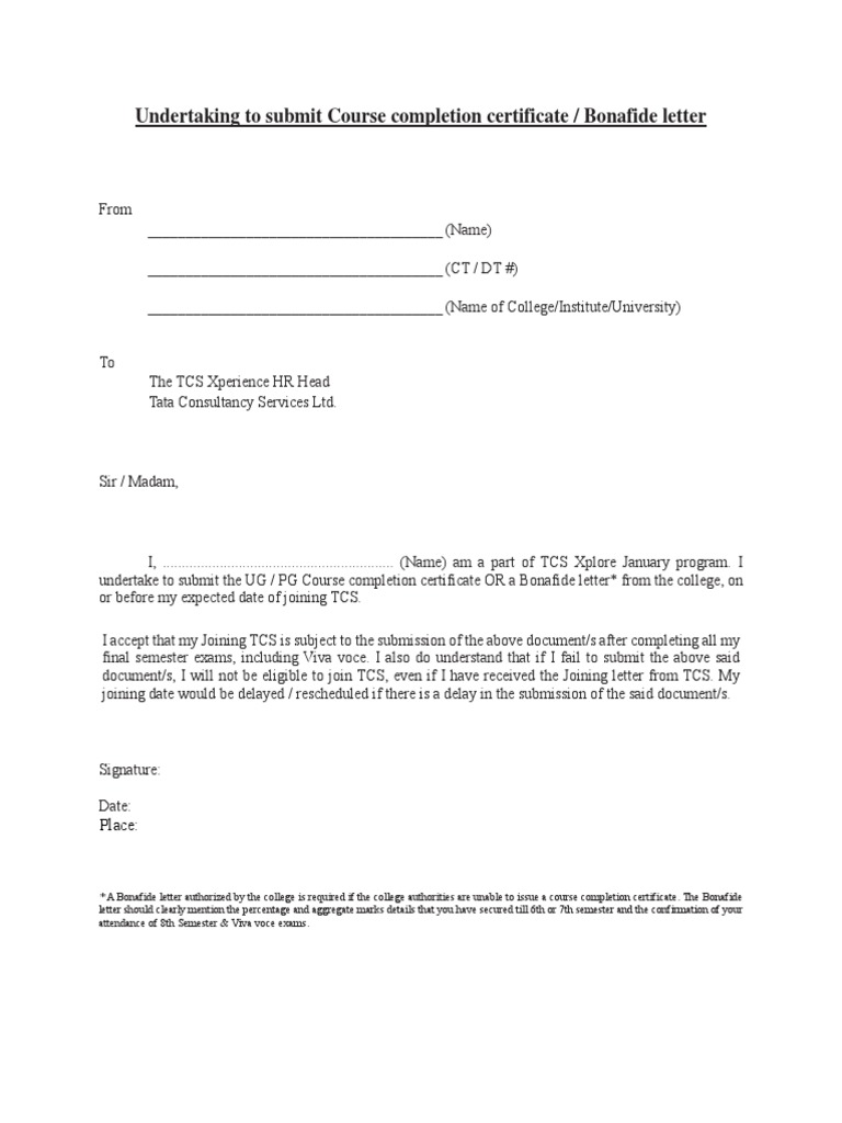 TCS Bonafide Letter Submission Undertaking | PDF | Career & Growth ...
