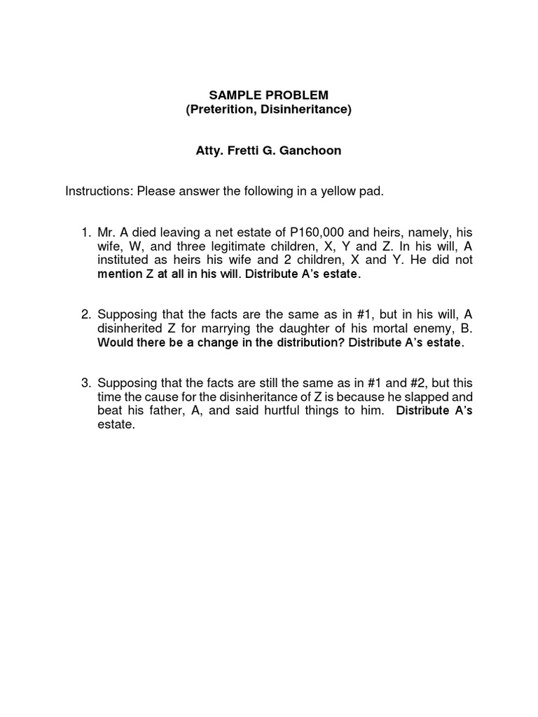 Succession-Sample Problem (Preterition, Disinheritance) | PDF