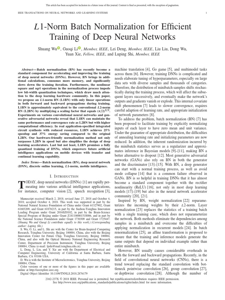 L1-Norm Batch Normalization For Efficient Training of Deep Neural ... L1-Norm Batch Normalization For Efficient Training of Deep Neural ...
