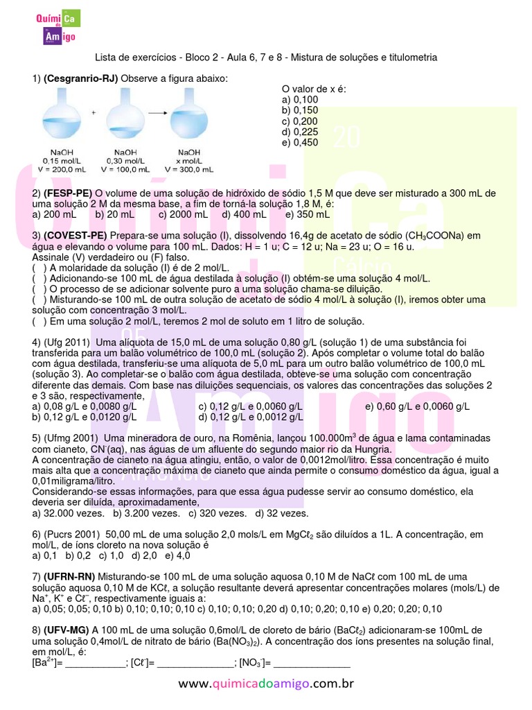 Bloco 2 Aula 6 a 8 Mistura de Soluções e Titulometria | PDF | Titulação ...