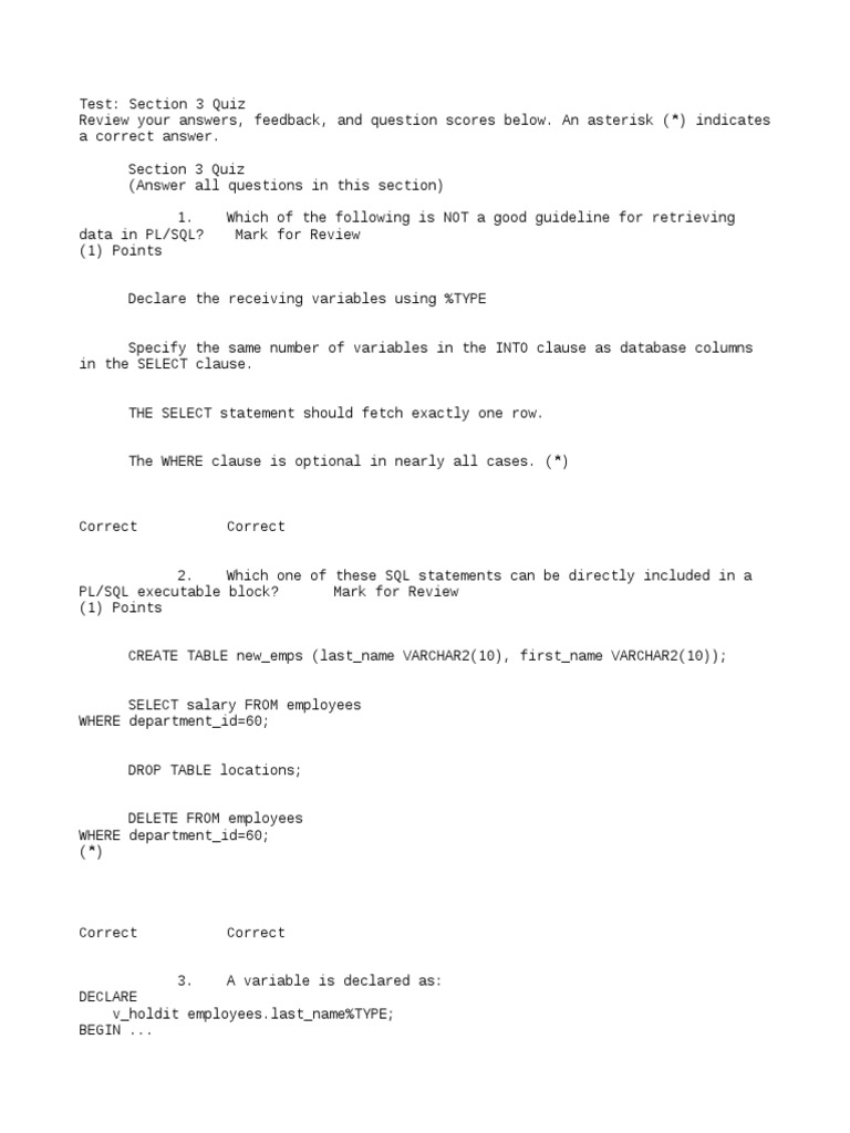 Section 3 Quiz | PDF | Pl/Sql | Sql
