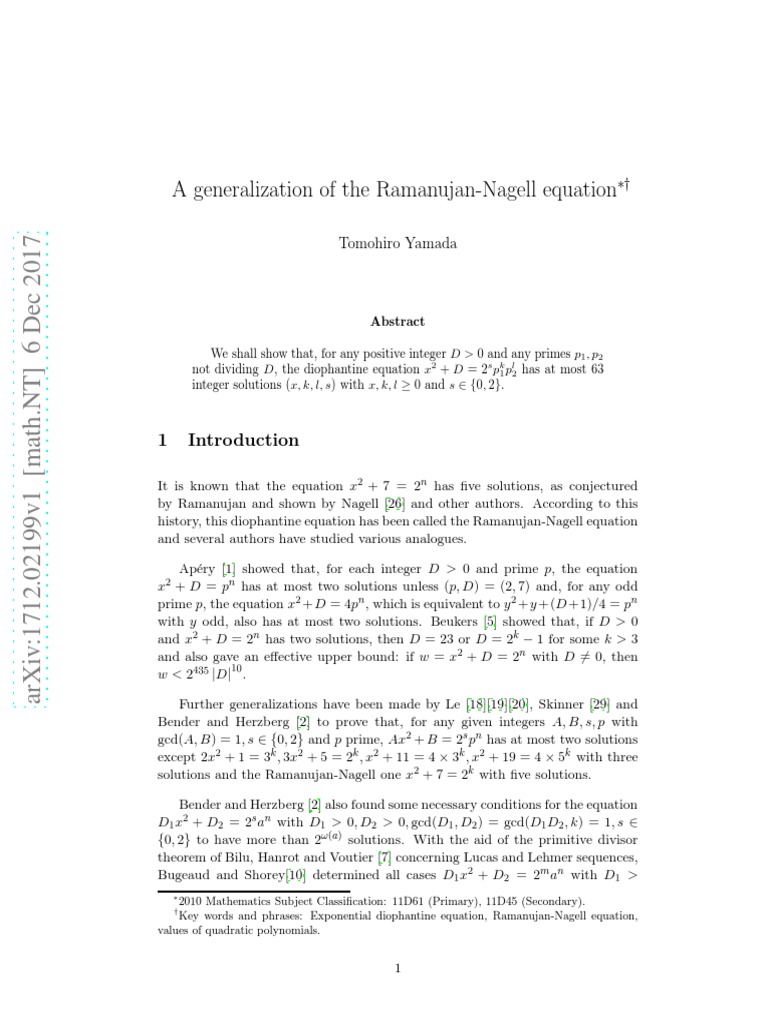 A Generalization of The Ramanujan-Nagell Equation | PDF | Equations | Integer