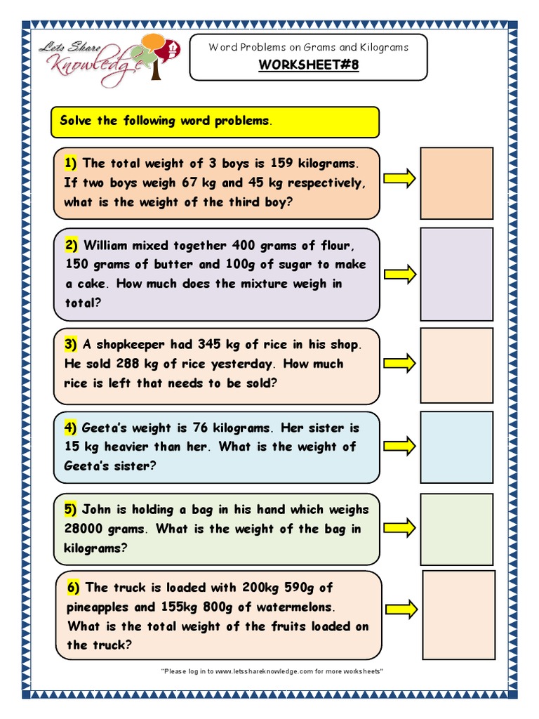 Grade 3 Weight Word Problems Worksheet | PDF | Kilogram | Units Of ...