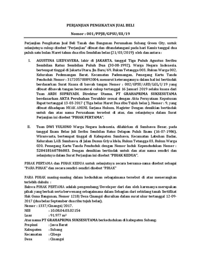 Draft PPJB - Wly - 210319 | PDF