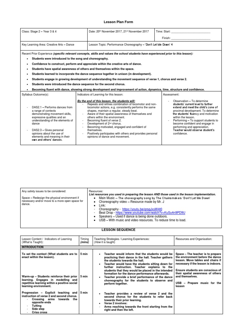 Dance Lesson Plan 4 | PDF | Fluency | Dances