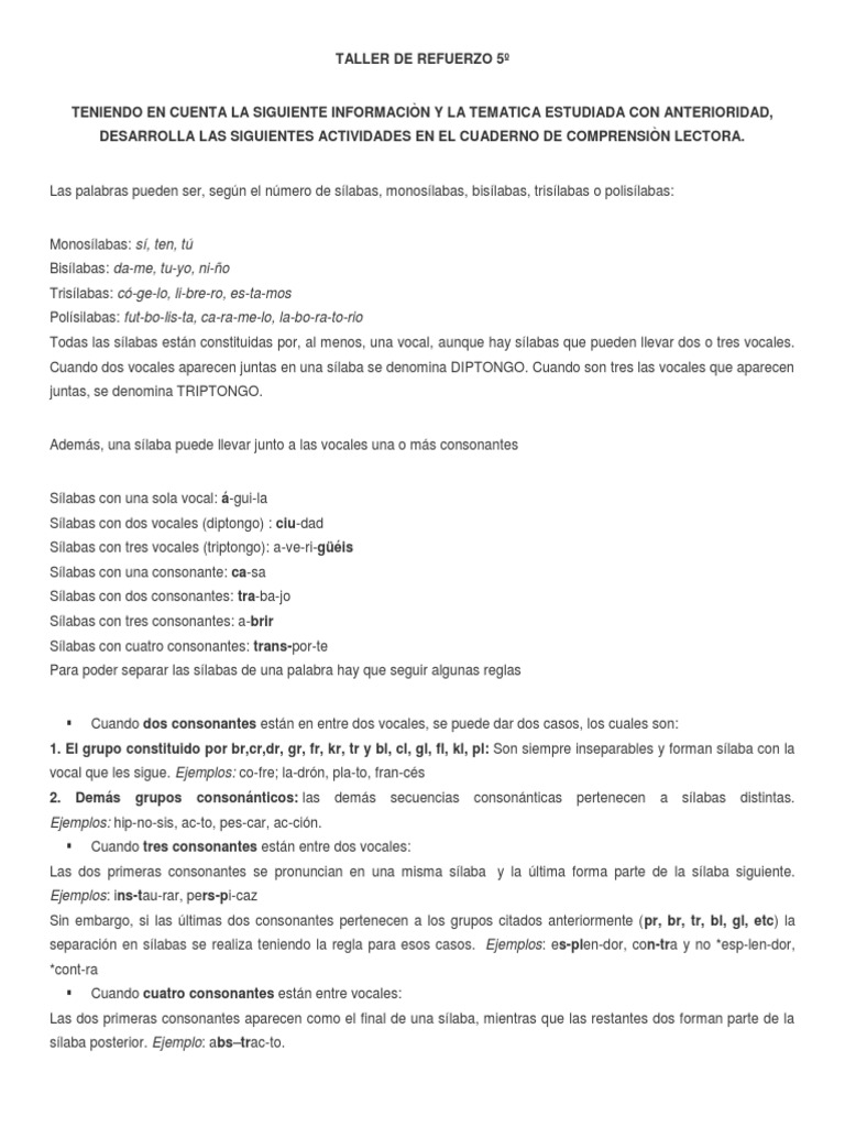 Taller de Refuerzo de Sílabas 5º | PDF | Fonología | Fonética