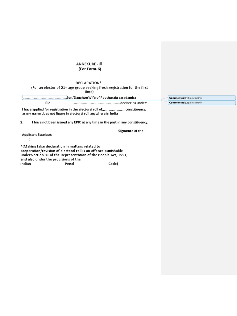 Age Declaration Form for Voter ID | PDF