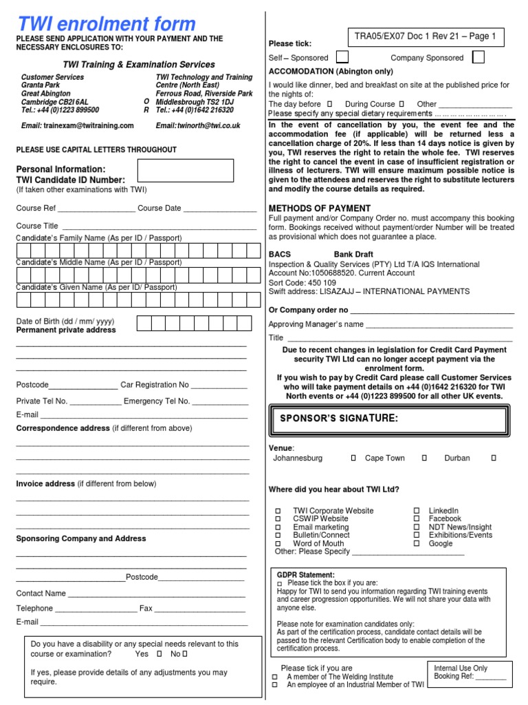 TWI Enrolment Form From Rev 21 South Africa Version (Jul18) PDF | PDF ...