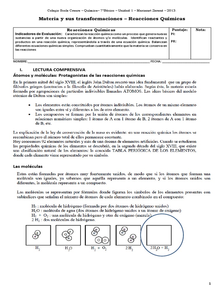 Guia N°7 Reacciones Químicas y Ley de Conservacion de La Masa | PDF